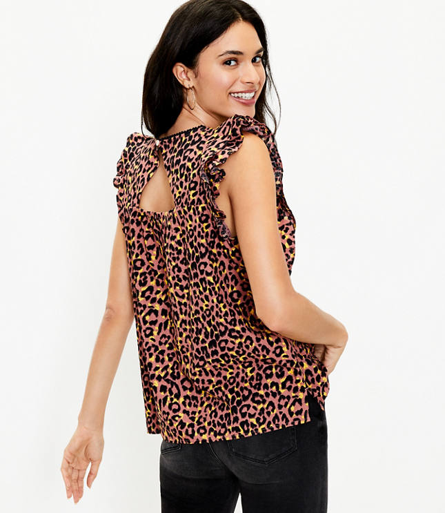 Leopard Print Cutout Back Ruffle Shell