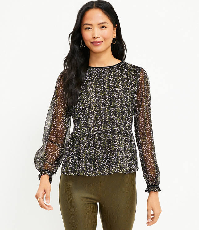 Shimmer Velvet Trim Peplum Blouse