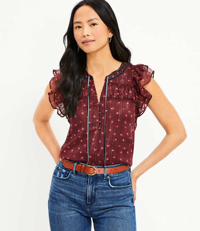 Shimmer Floral Velvet Tie Neck Shell