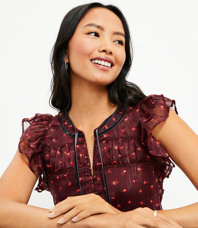 Shimmer Floral Velvet Tie Neck Shell