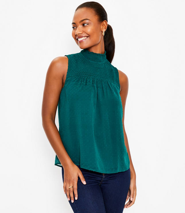 Petite Clip Dot Smocked Mock Neck Shell