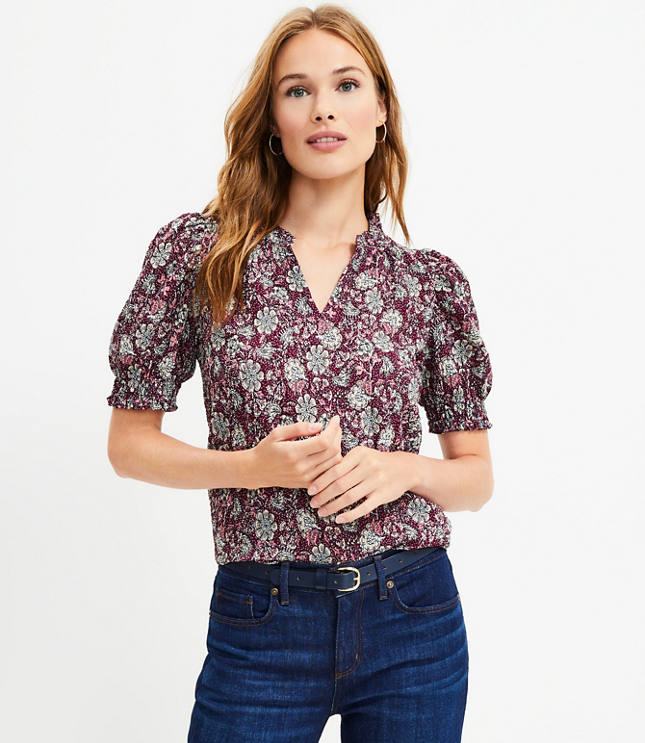 Floral Stitchy Ruffle Puff Sleeve Top