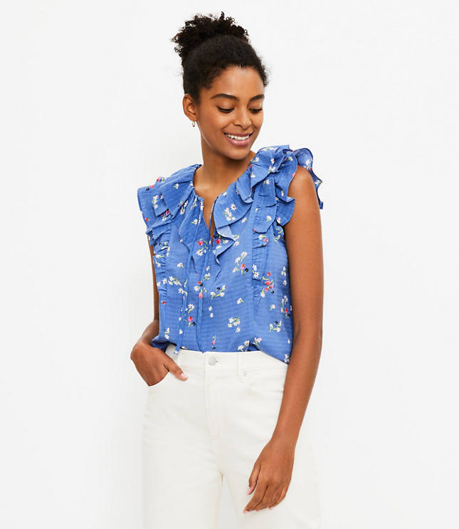 Petite Floral Ruffle Tie Neck Shell