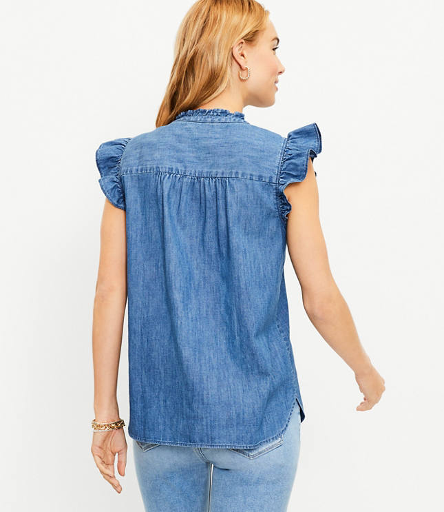 Petite Chambray Ruffle Top