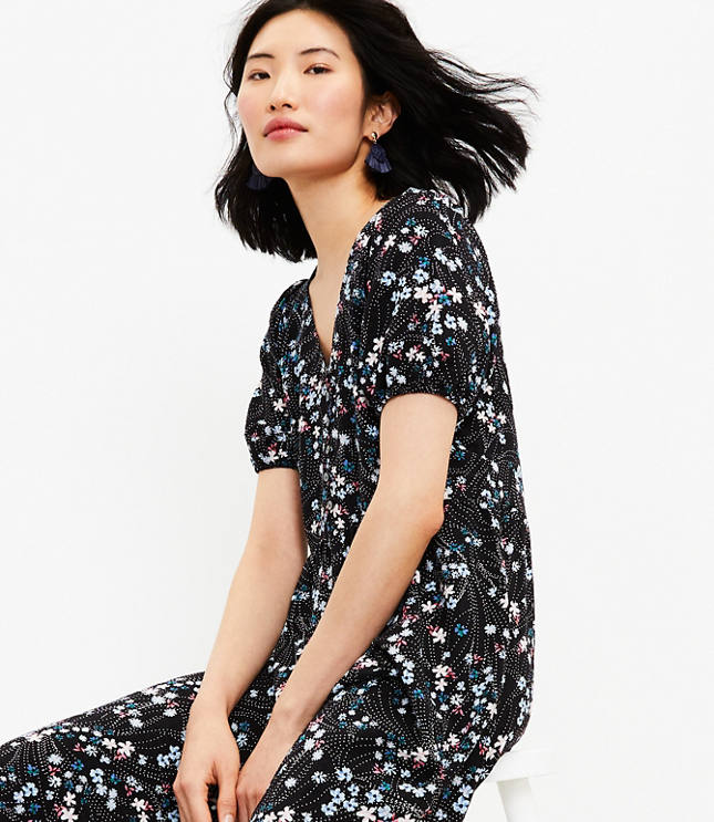 Petite Pearl Print Puff Sleeve Midi Dress