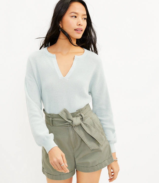 Petite Textured Split Neck Sweater