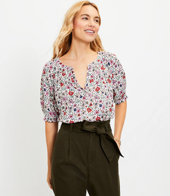 Petite Floral Split Neck Mixed Media Top
