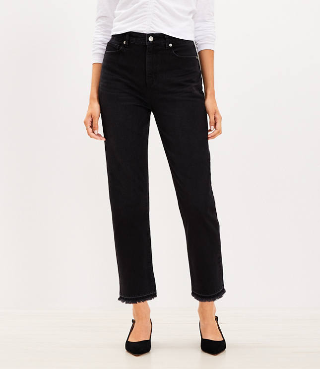 Petite Let Down Hem High Rise Straight Crop Jeans in Washed Black Wash