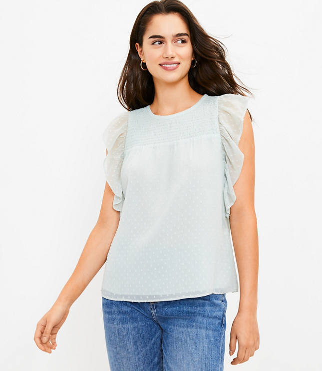 Petite Clip Dot Smocked Flutter Sleeve Top