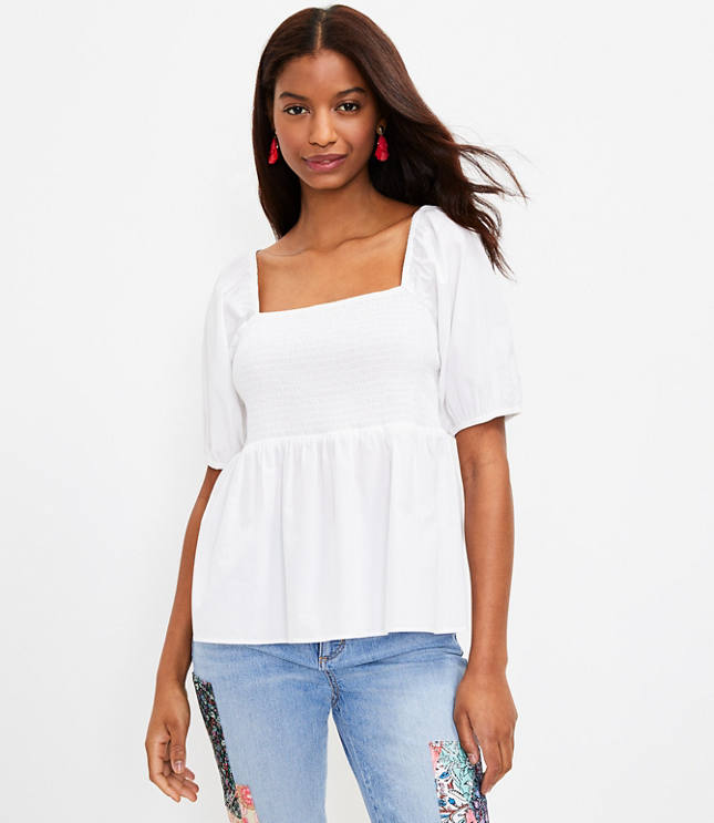 Petite Smocked Puff Sleeve Peplum Top