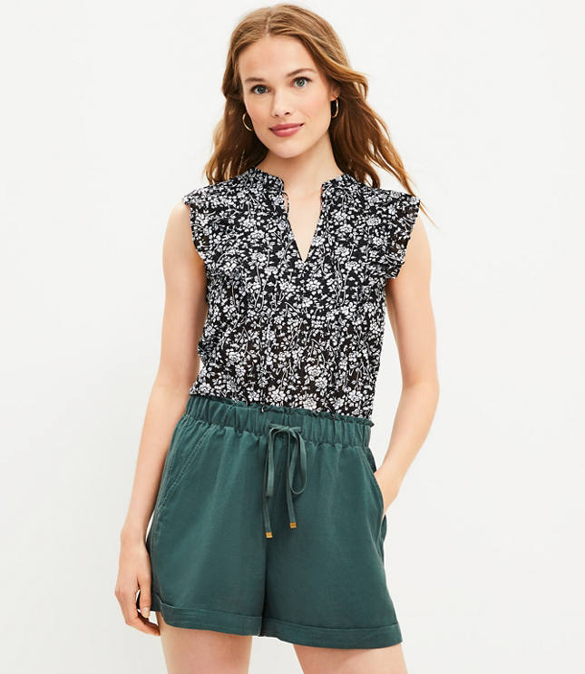 Floral Ruffle Tie Neck Shell