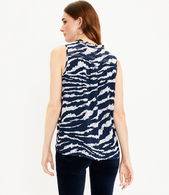 Zebra Print Pintucked Ruffle Tie Neck Shell
