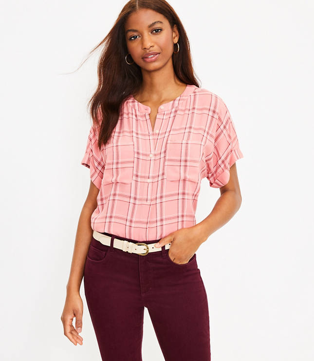 Petite Plaid Pocket Henley Shirt