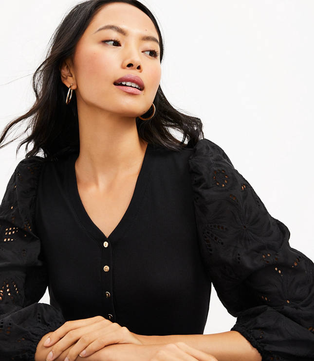 Petite Lace Sleeve Henley Top