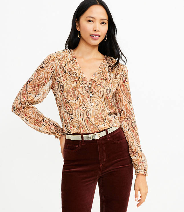 Shimmer Paisley Ruffle V-Neck Blouse