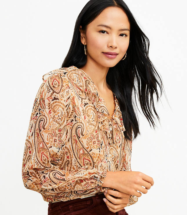 Shimmer Paisley Ruffle V-Neck Blouse