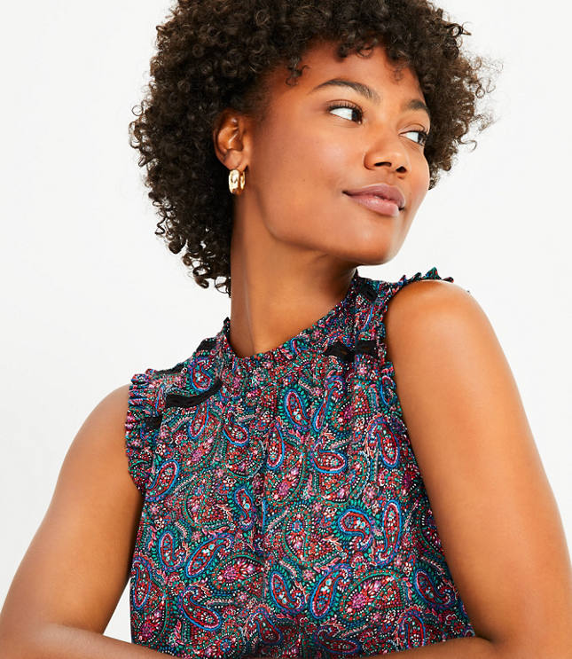 Paisley Cutout Ruffle Mixed Media Shell