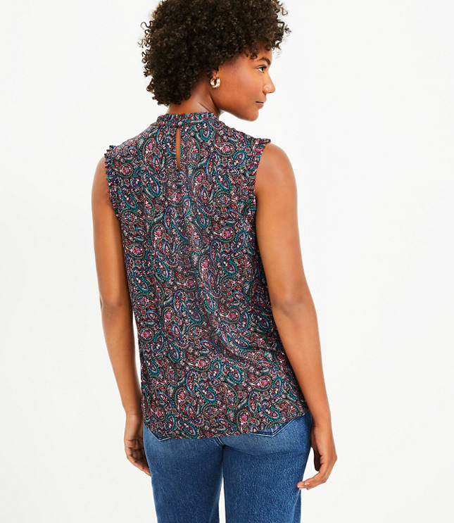 Paisley Cutout Ruffle Mixed Media Shell