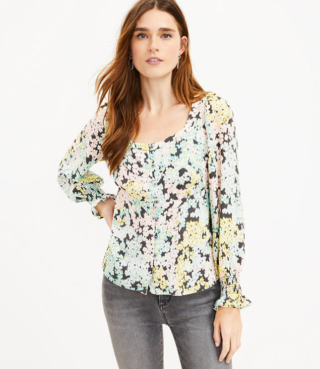 Petite Garden Smocked Cuff Square Neck Blouse