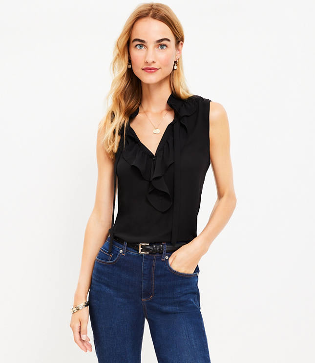 Ruffle Tie Neck Mixed Media Shell