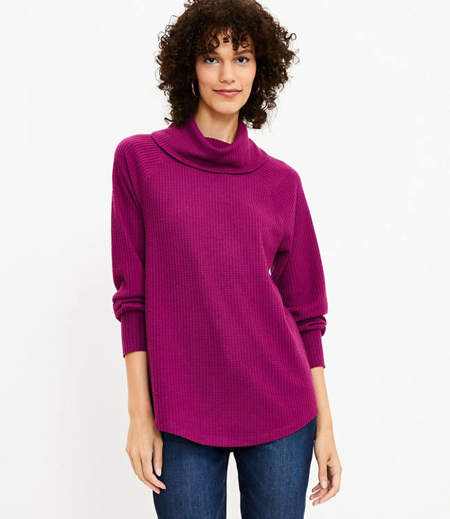Petite Waffle Cowl Neck Tunic Top