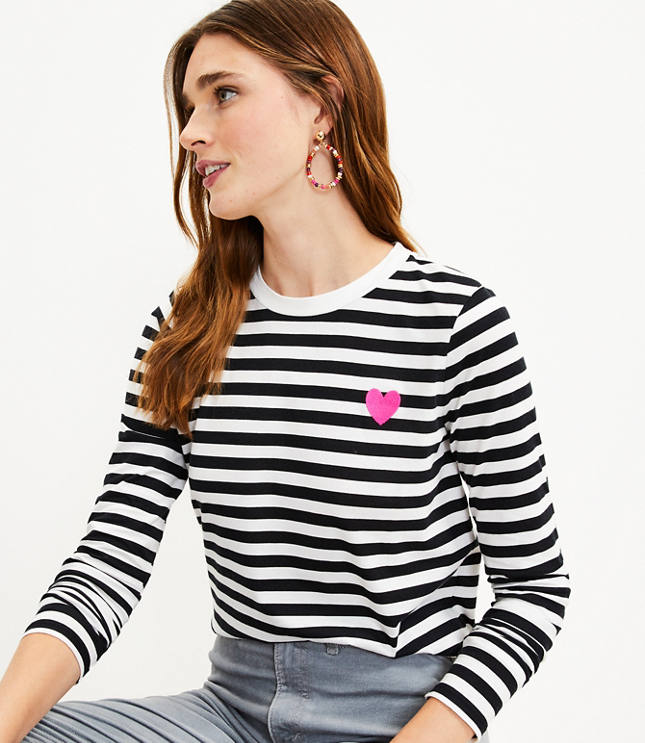 Petite Heart Stripe Long Sleeve Everyday Crew Tee