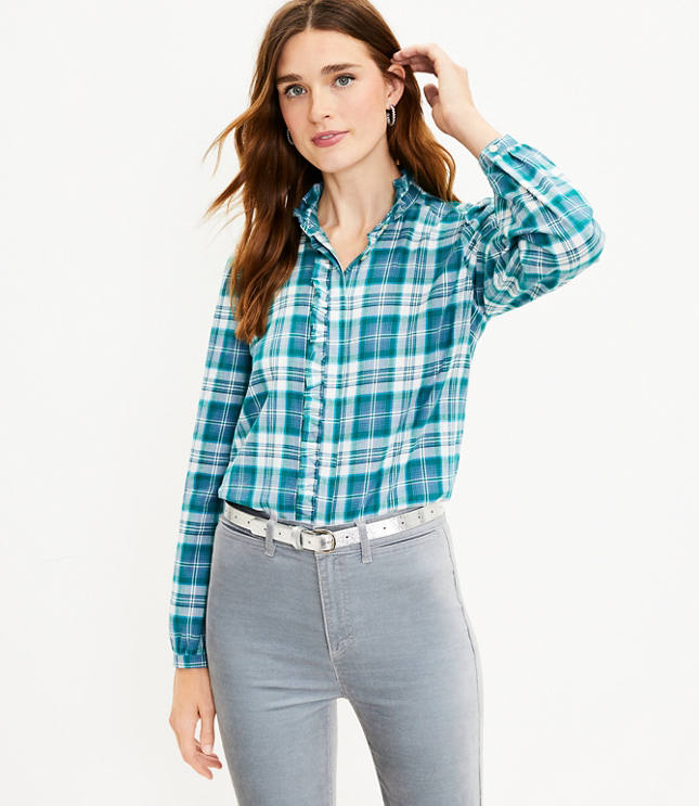 Petite Plaid Ruffle Shirt