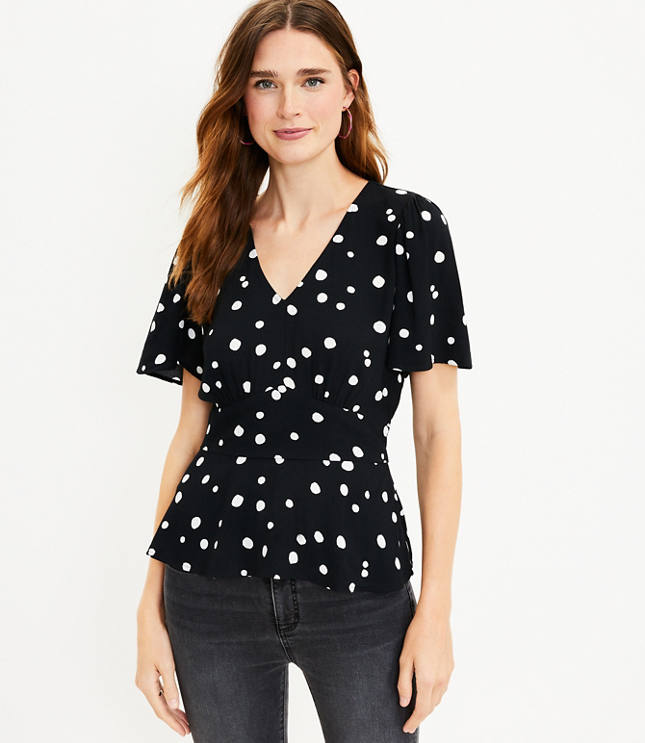 Petite Dotted V-Neck Peplum Top