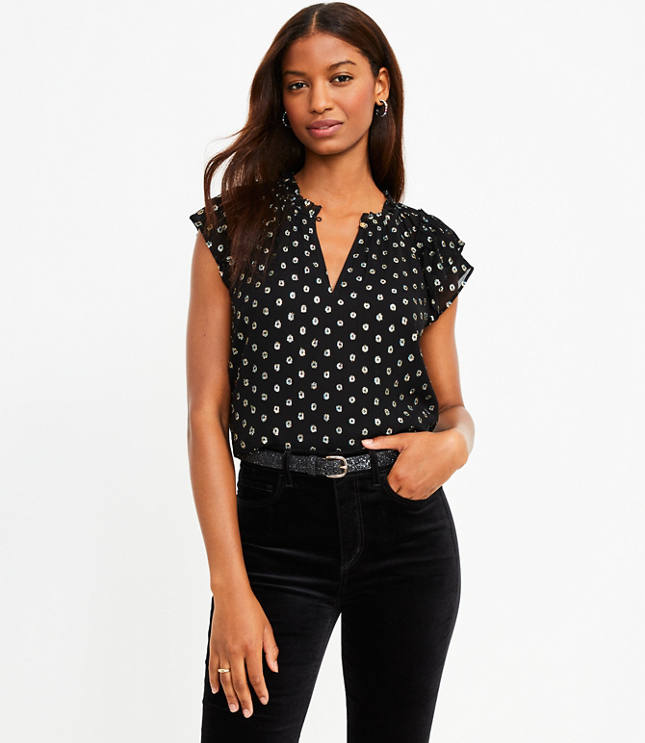 Shimmer Clip Star Ruffle Sleeve Split Neck Shell