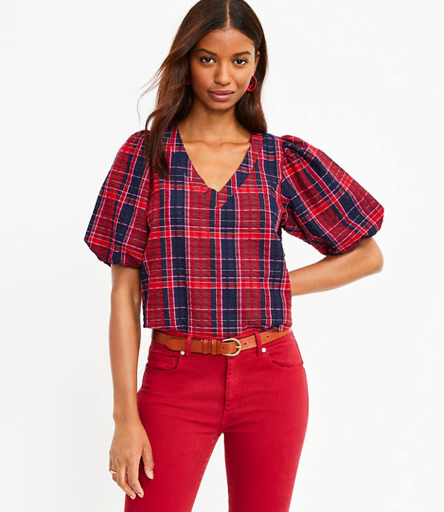 Plaid Balloon Sleeve V-Neck Top