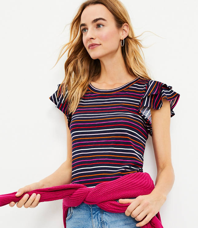 Stripe Tiered Ruffle Sleeve Tee