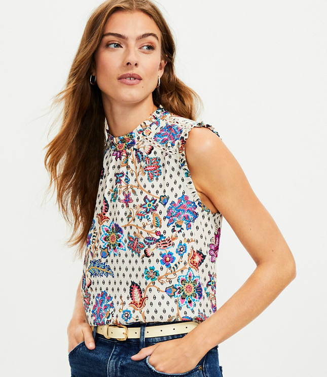 Vine Cutout Ruffle Mixed Media Shell