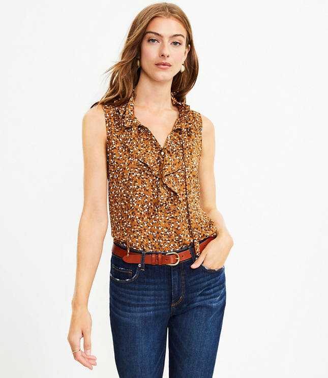 Floral Ruffle Tie Neck Mixed Media Shell