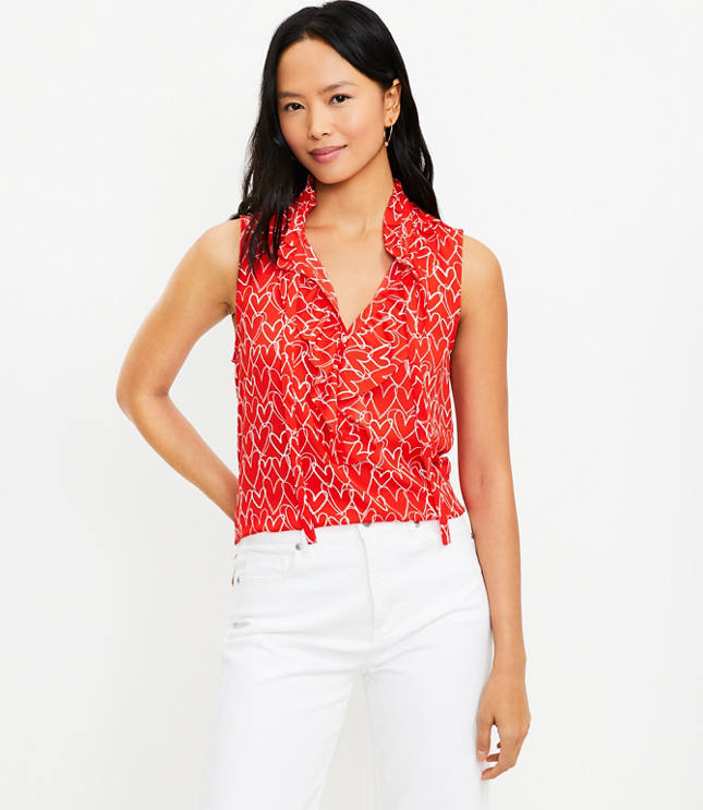 Heart Ruffle Tie Neck Mixed Media Shell