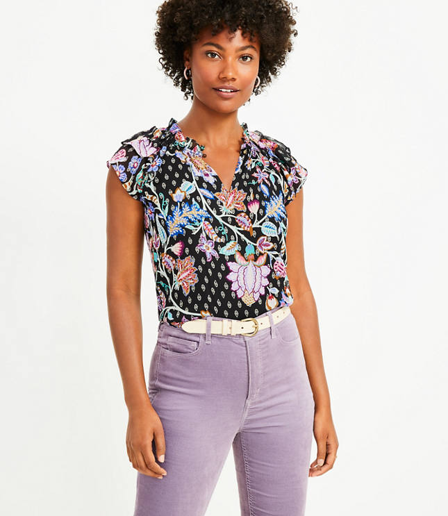 Vine Ruffle Sleeve Split Neck Shell