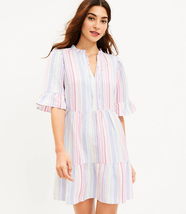 Striped Ruffle Tie Neck Tiered Swing Dress