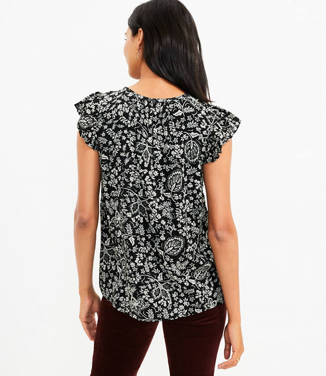 Floral Ruffle Tie Neck Shell