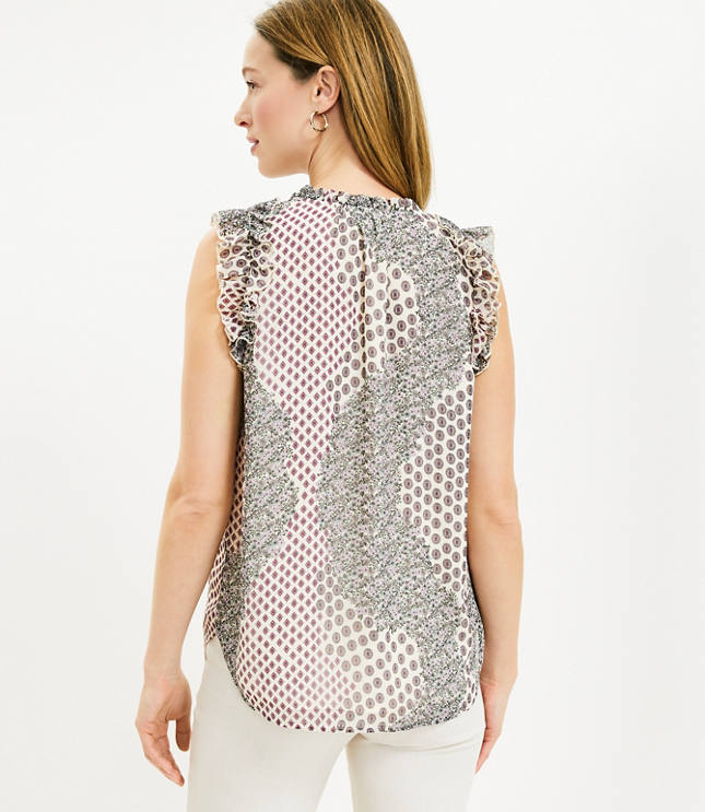 Floral Ruffle Split Neck Shell