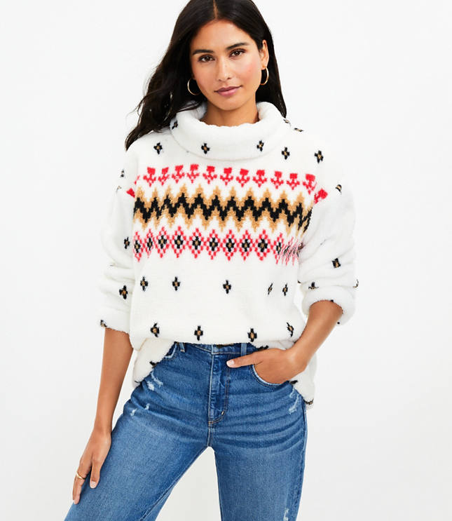 Petite Fair Isle Mock Neck Sherpa Top