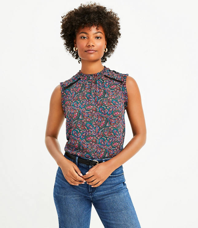 Petite Paisley Cutout Ruffle Mixed Media Shell