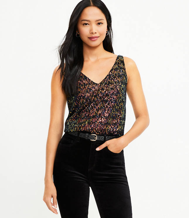 Petite Sequin Double V Shell