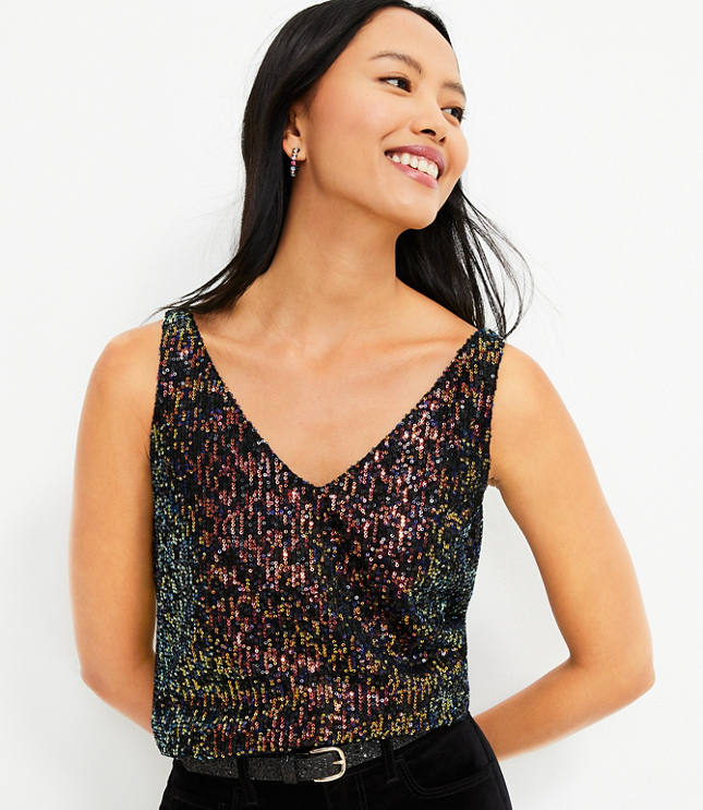 Petite Sequin Double V Shell