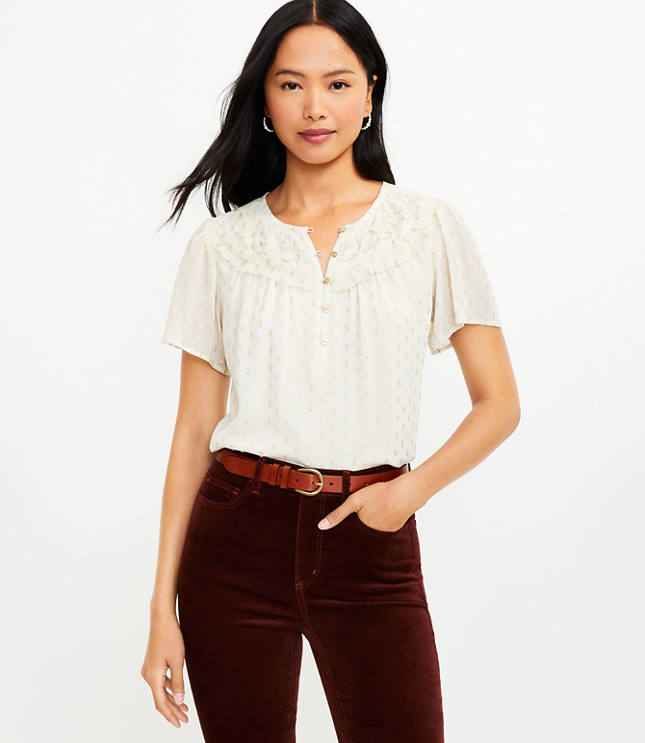 Petite Shimmer Clip Ruffle Yoke Top