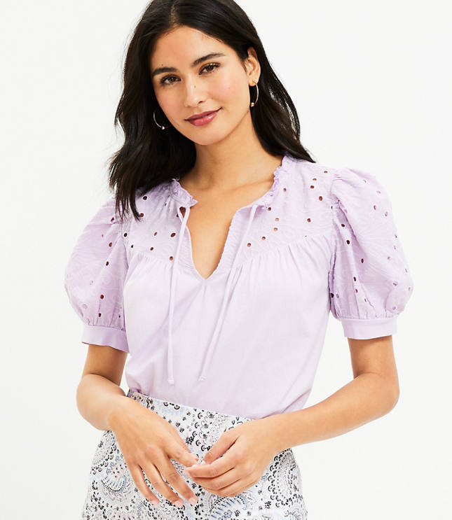 Eyelet Tie Neck Puff Sleeve Mixed Media Top