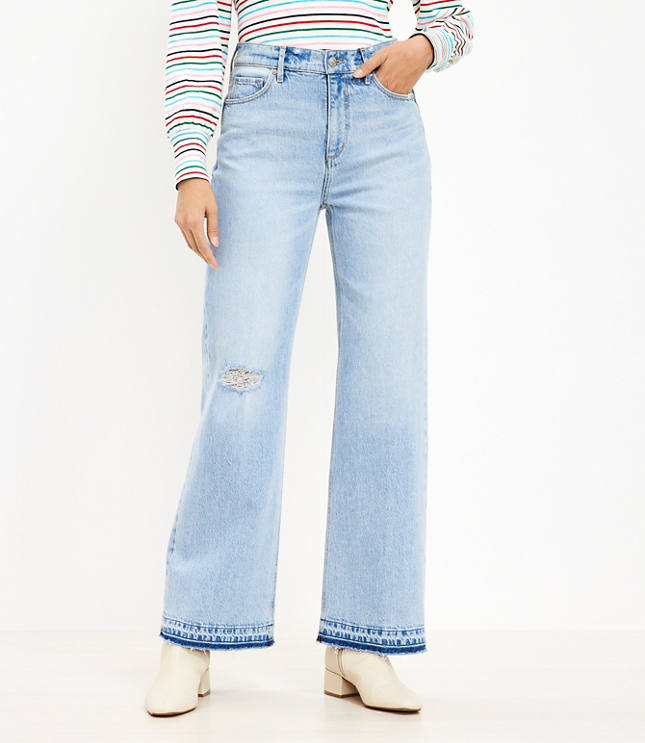Unpicked Hem High Rise Wide Leg Jeans in Authentic Light Indigo Wash