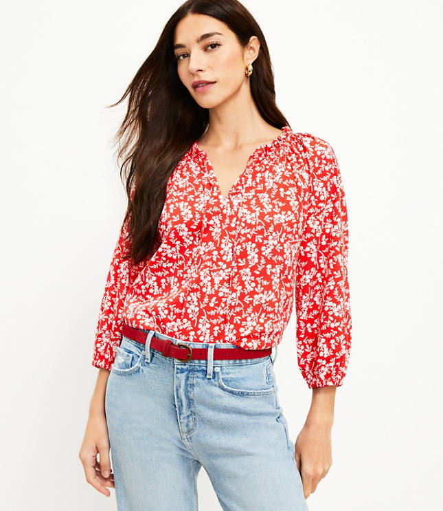 Floral Ruffle Tie Neck Blouse