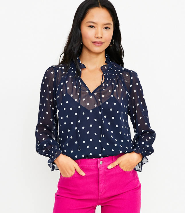 Dotted Ruffle Tie Neck Blouse