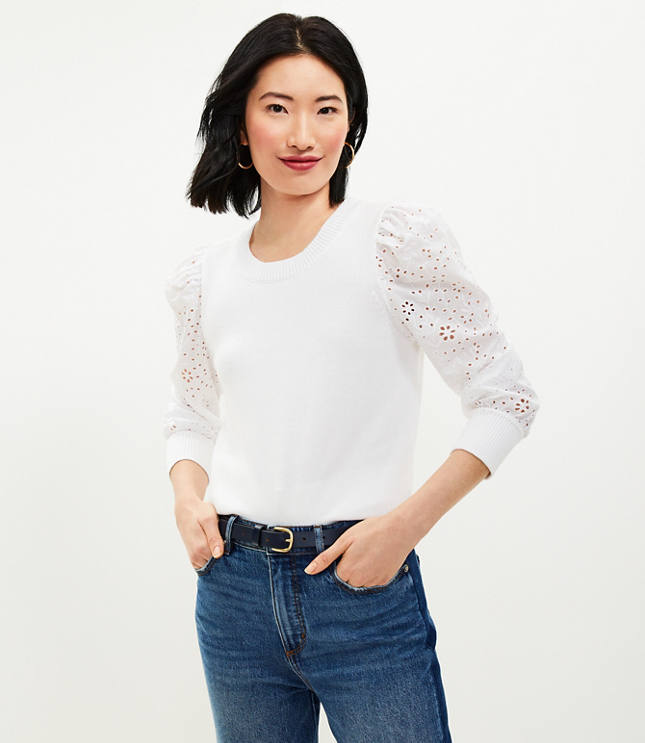 Eyelet Sleeve Mixed Media Sweater