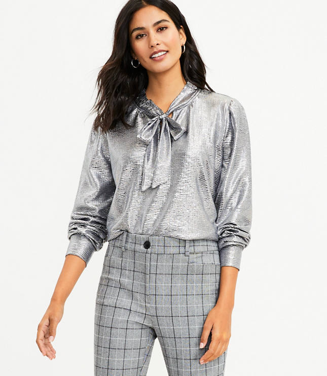Petite Shimmer Knit Bow Neck Blouse