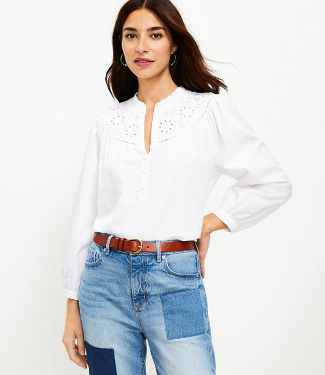 Petite Embroidered Round Yoke Blouse